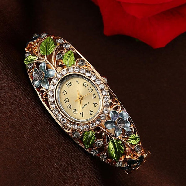 Crystal Flower Bangle Bracelet Watch Reloj Mujer